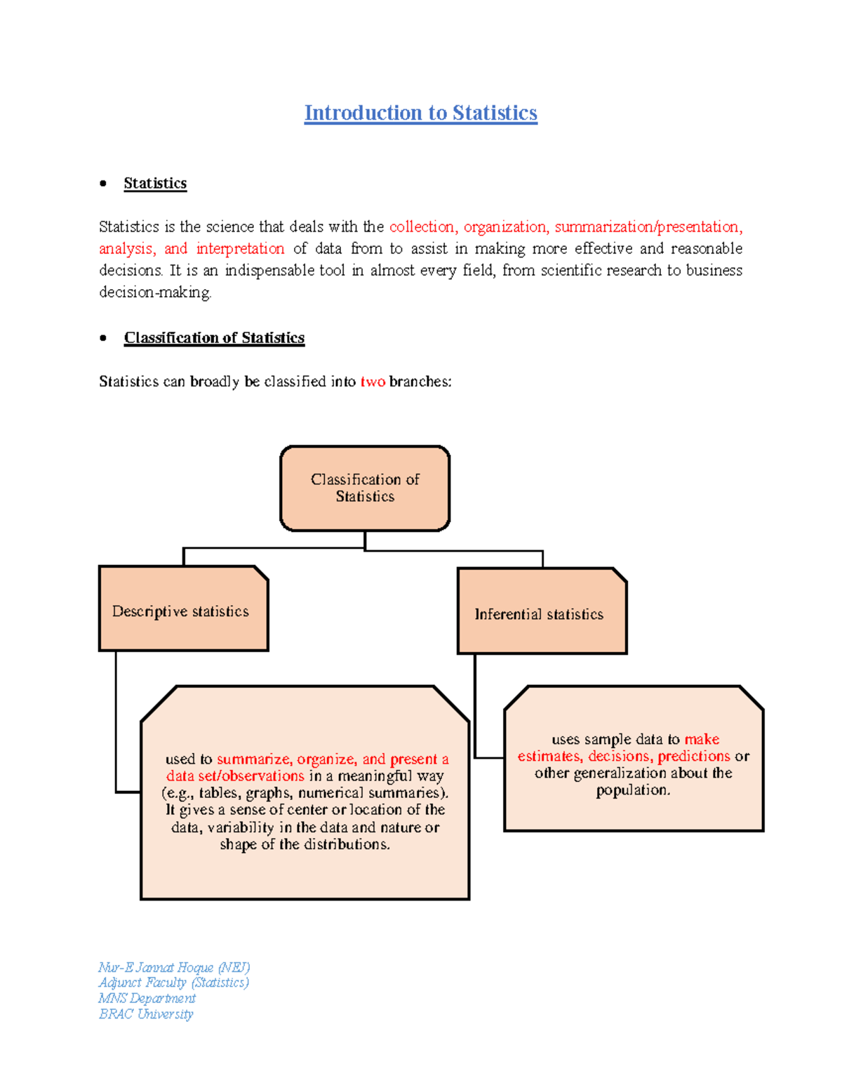 Lec 01 - Introduction to Statistics (MNS) - Fall 2024 Notes - Studocu