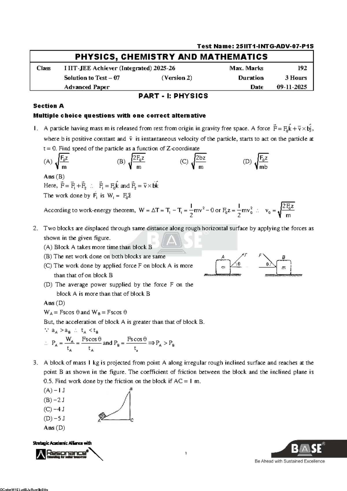 Test Name: PHYSICS, CHEMISTRY & MATH Class I Achiever Test 07 Solutions ...