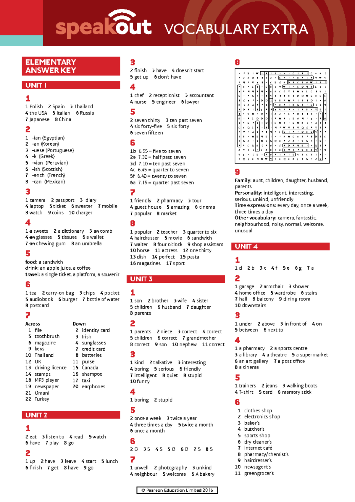 Speakout Vocabulary Extra - Elementary Answer Key (Units 1-12) - Studocu