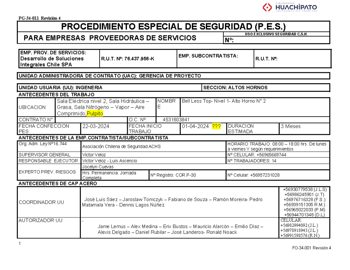 PES Bell Less Top - Nivel 1 - Alto Horno Nº2 - PROCEDIMIENTO ESPECIAL ...