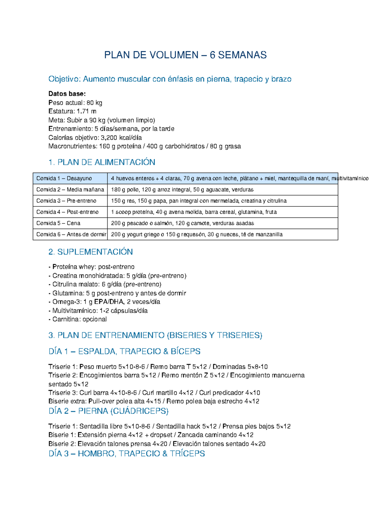 Plan de Volumen 6 Semanas: Aumento Muscular y Entrenamiento - Studocu
