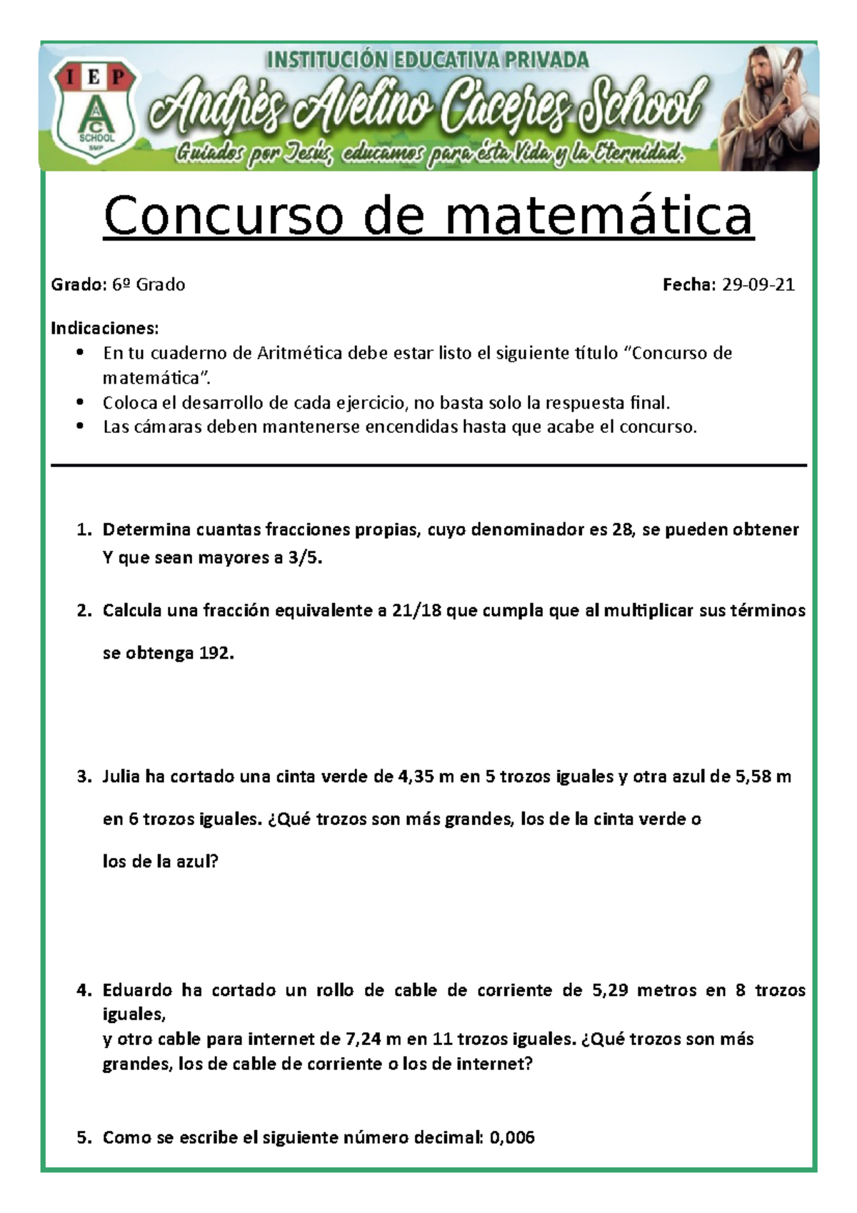 Concurso de Matemática 6TO Grado - Ejercicios y Indicaciones - Studocu