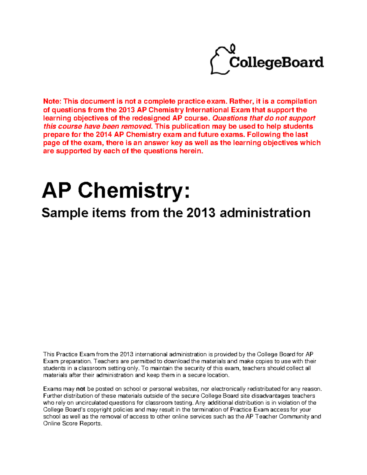 2013 AP Chemistry Practice Exam Compilation with Answers - Studocu