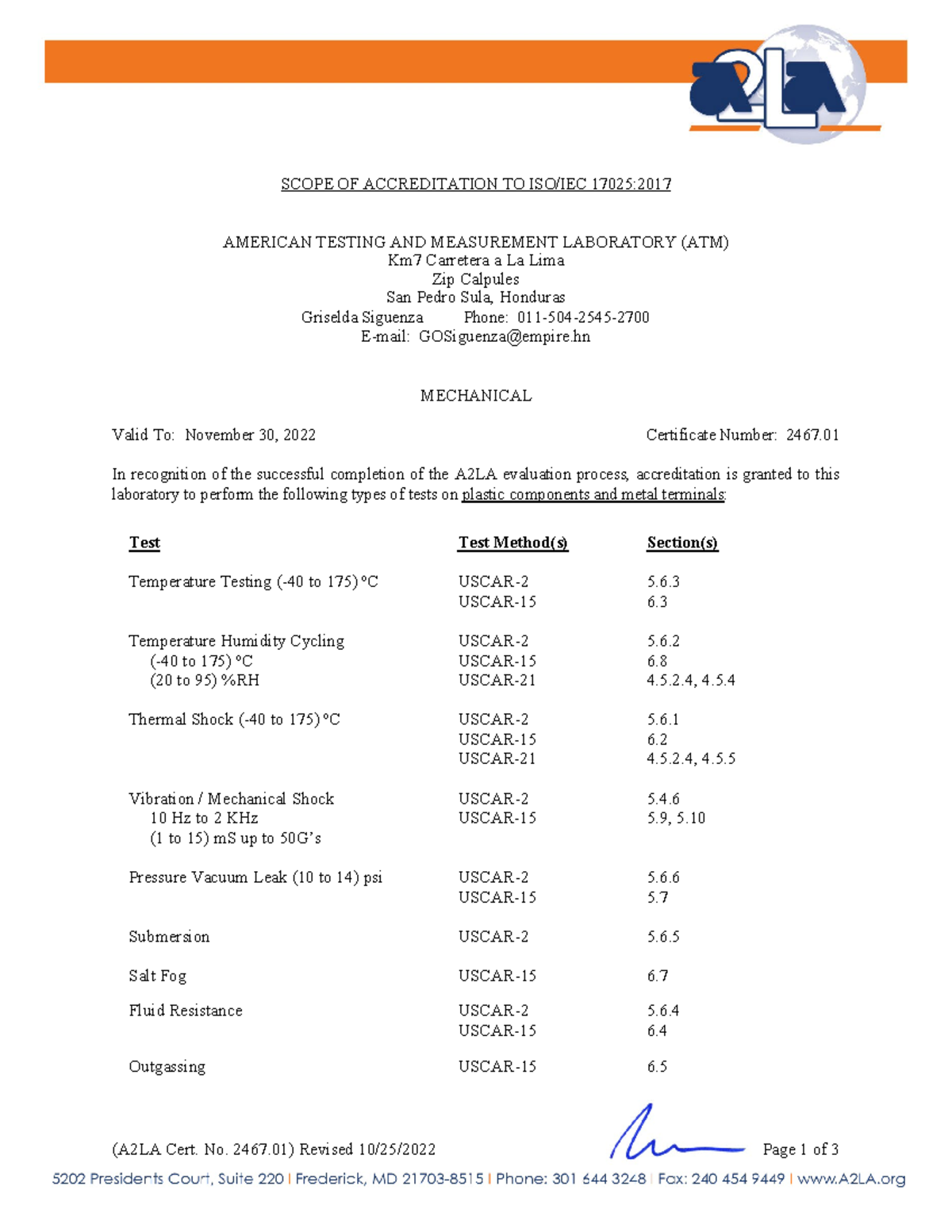 2467.01 - hola - (A2LA Cert. No. 2467) Revised 10/25/2022 Page 1 of 3 ...