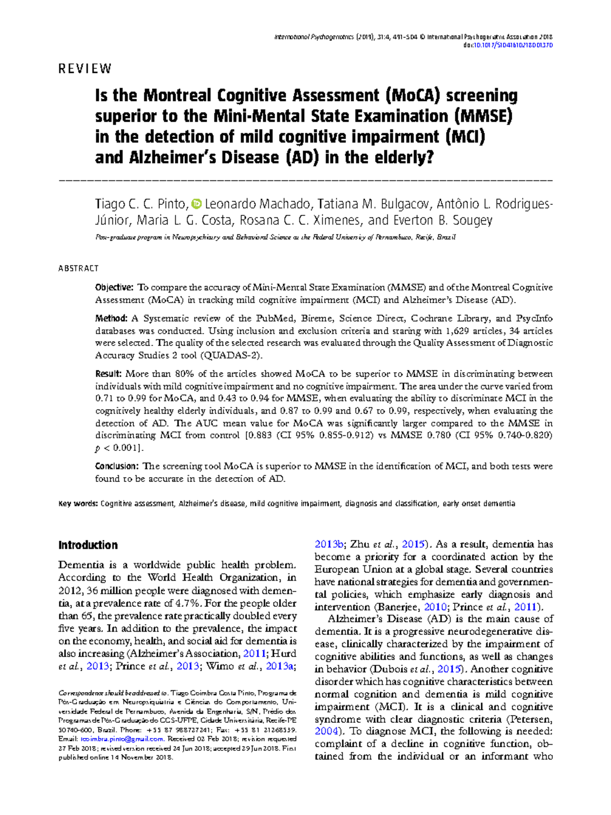 Comparative Study of MoCA vs MMSE in Detecting MCI and AD - Studocu