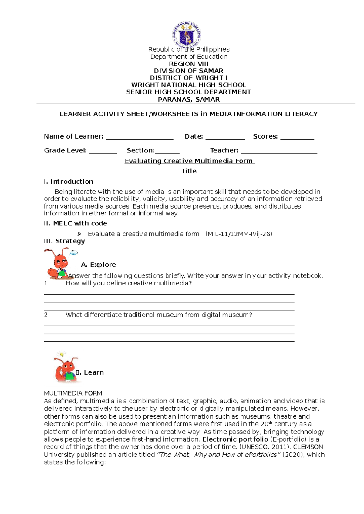 Activity Sheet: Evaluating Creative Multimedia Forms in MIL (Grade 10 ...