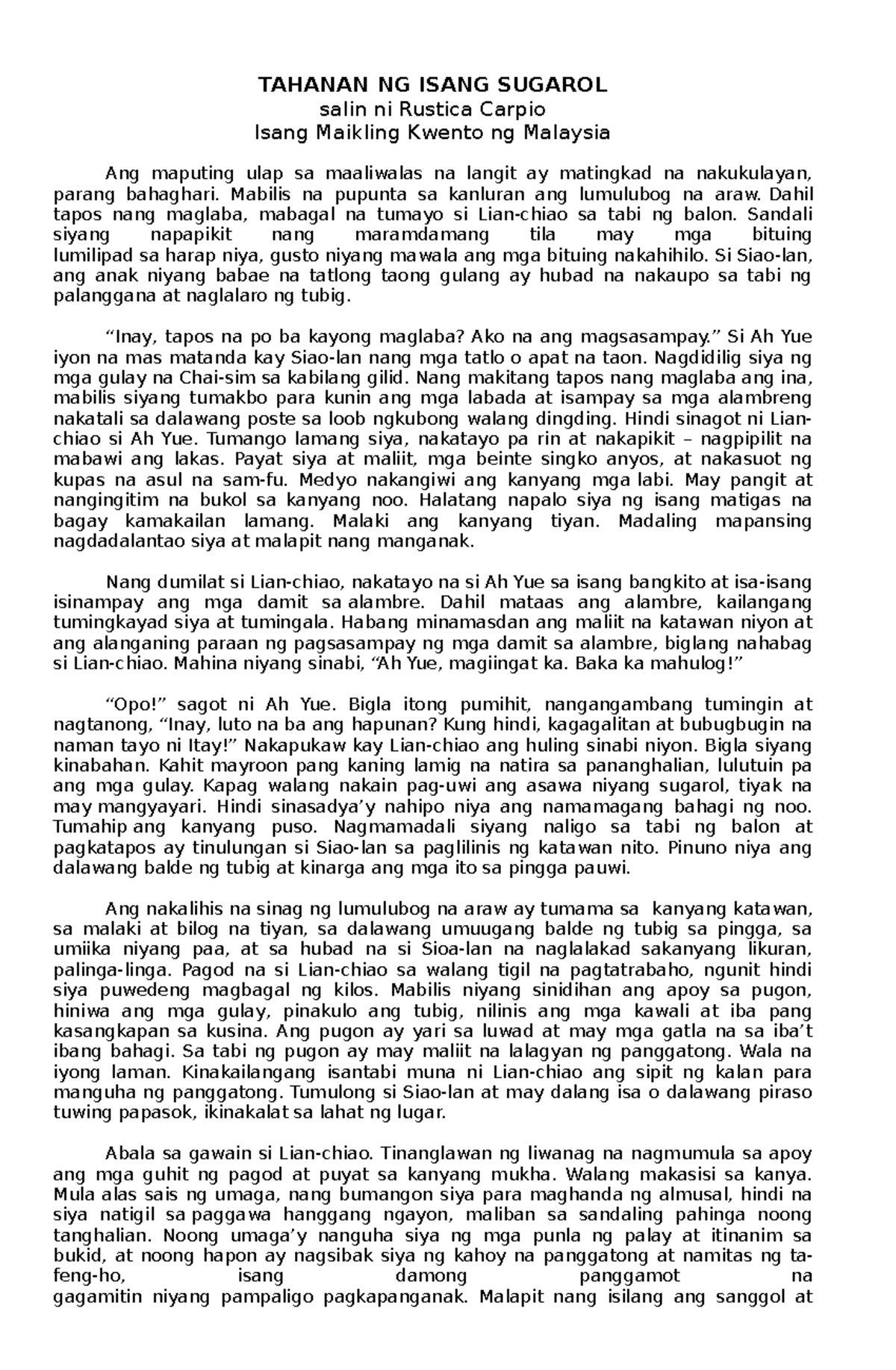 FIL 9 Final Exam Handouts - Tahanan ng Isang Sugarol at Timawa - Studocu