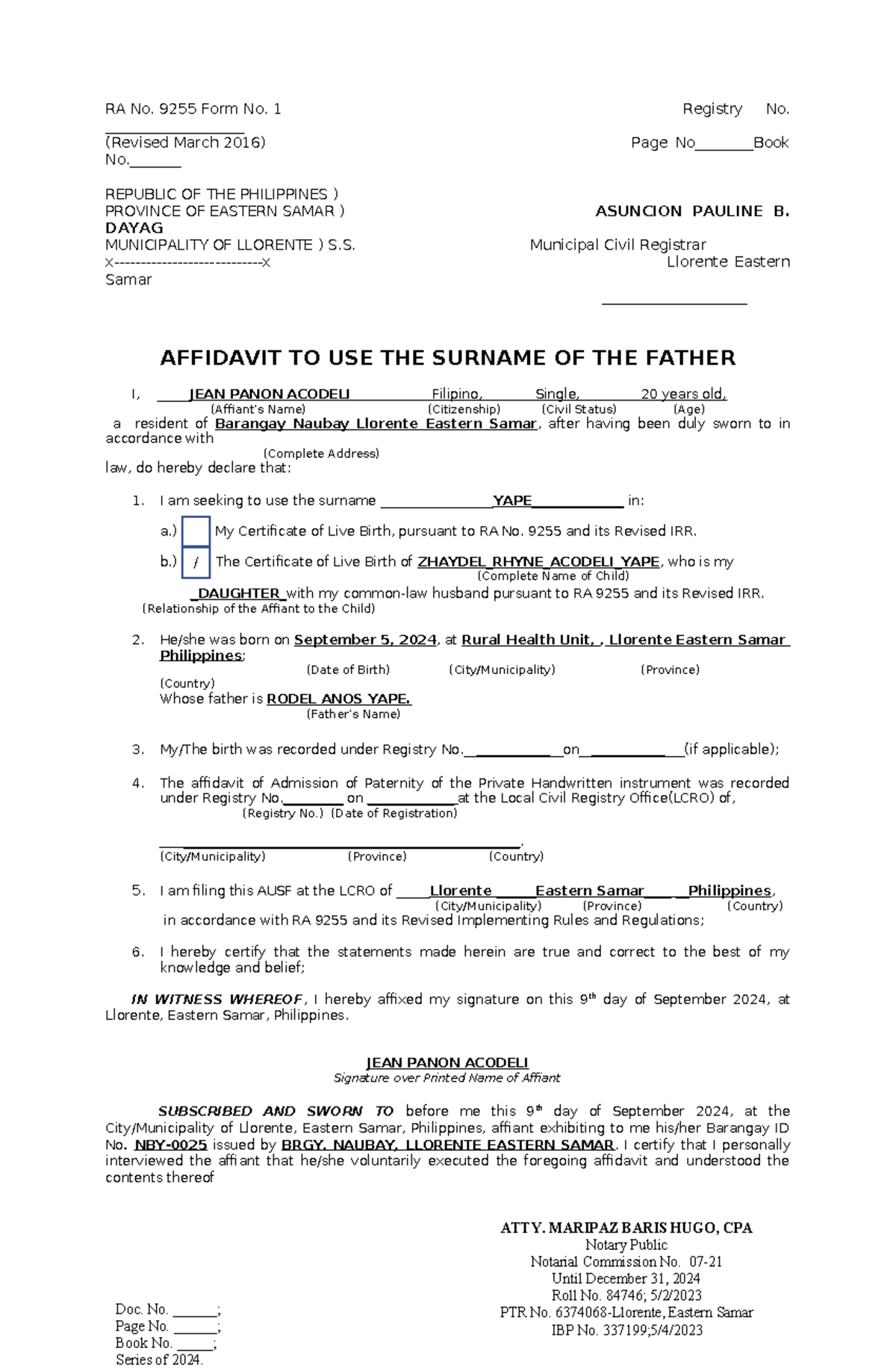 Affidavit for Using Father's Surname (RA 9255) - Studocu