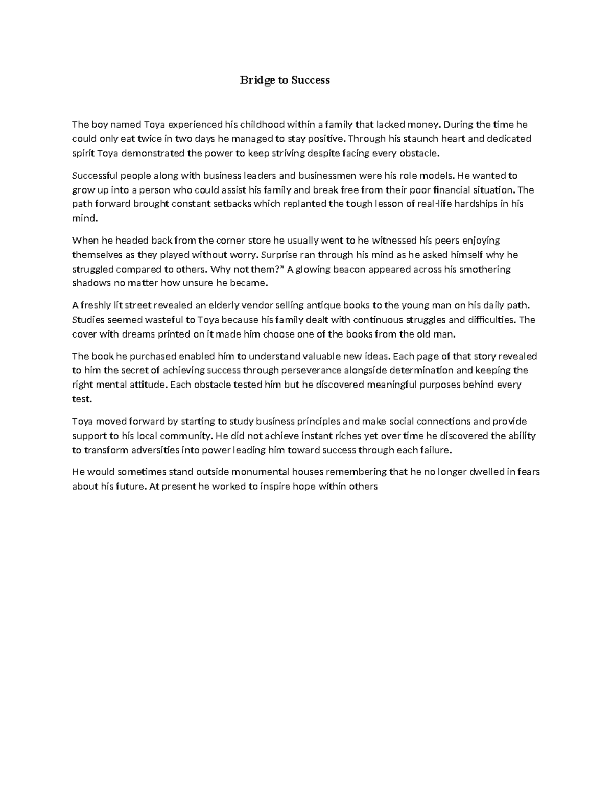 Bridge to Success: Toya's Journey from Struggle to Hope - Studocu