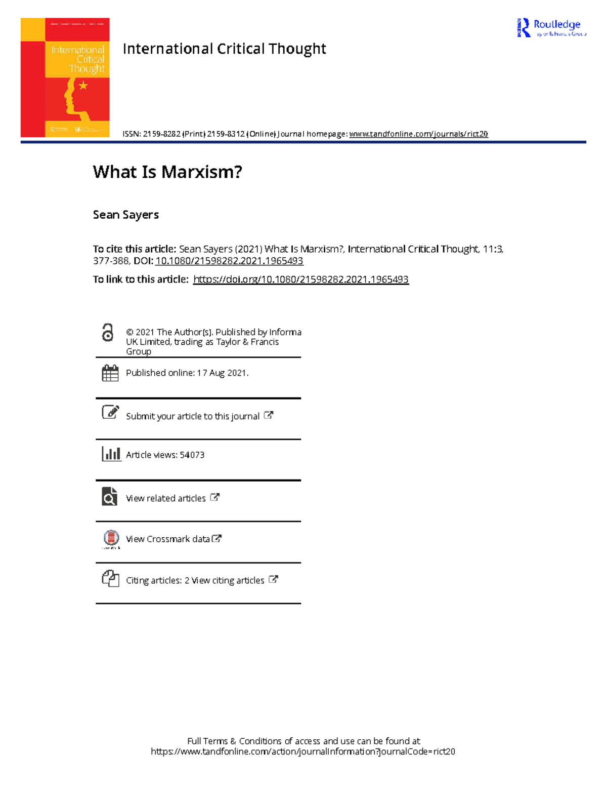 What Is Marxism? - Reading on Marxist Theory (INTC 11:3) - Studocu