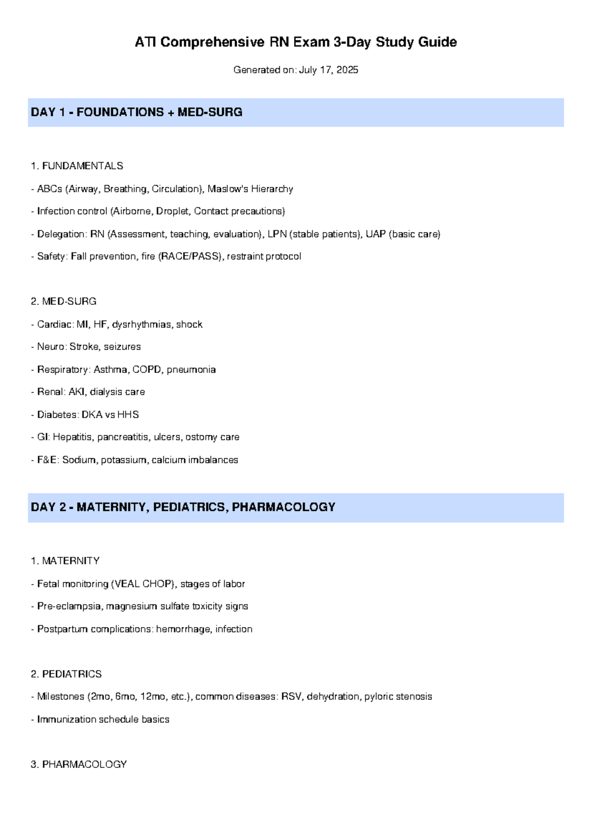 ATI Comprehensive 3-Day RN Exam Study Guide - Studocu