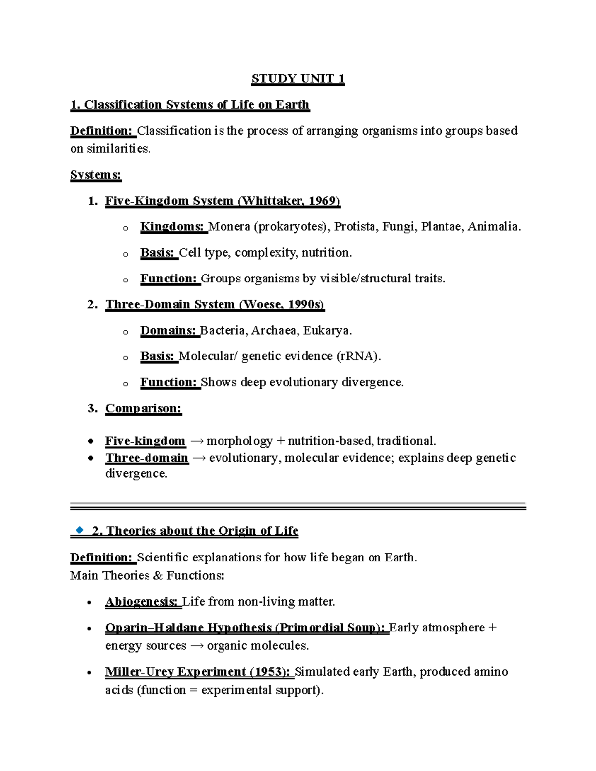 LIFE 222 Study Unit 1: Classification & Origin of Life Notes - Studocu
