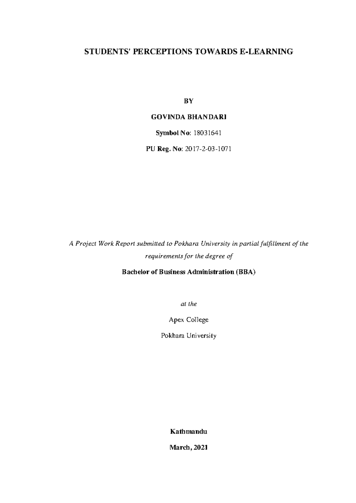 BBA Project Report: Students' Perceptions on E-Learning Dynamics - Studocu