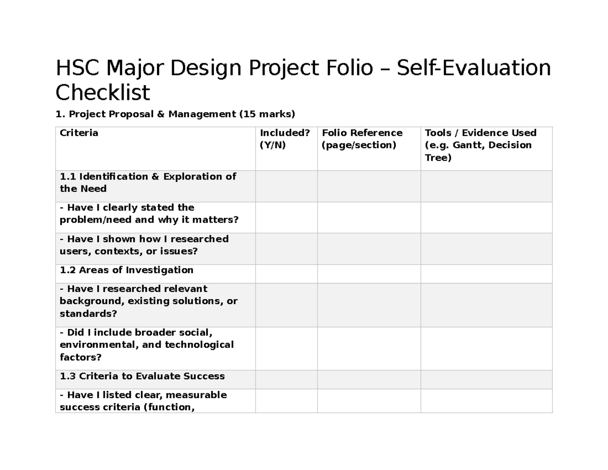 HSC Major Design Project Folio Checklist: Proposal & Development Guide ...