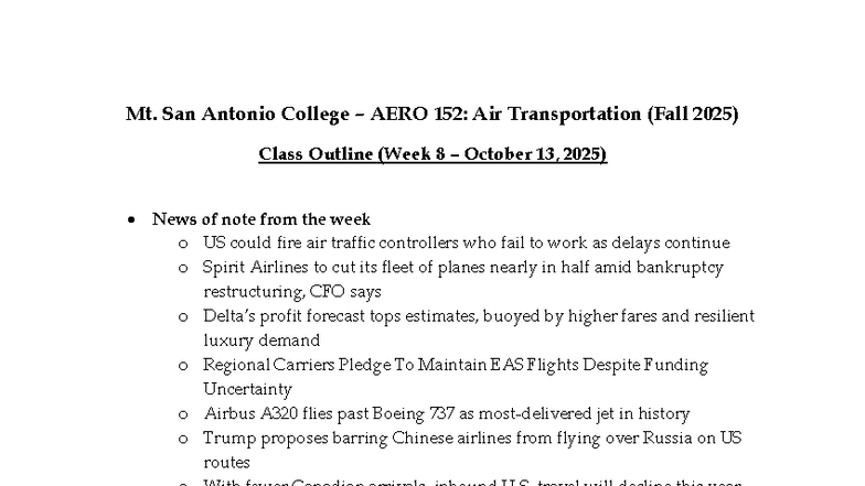 AERO 152: Air Transportation - Week 8 Class Outline (Fall 2025) - Studocu