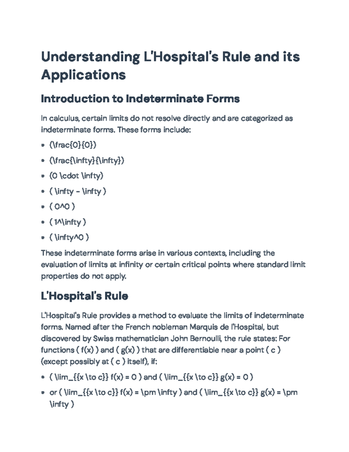 L'Hospital's Rule: Understanding Indeterminate Forms and Applications ...