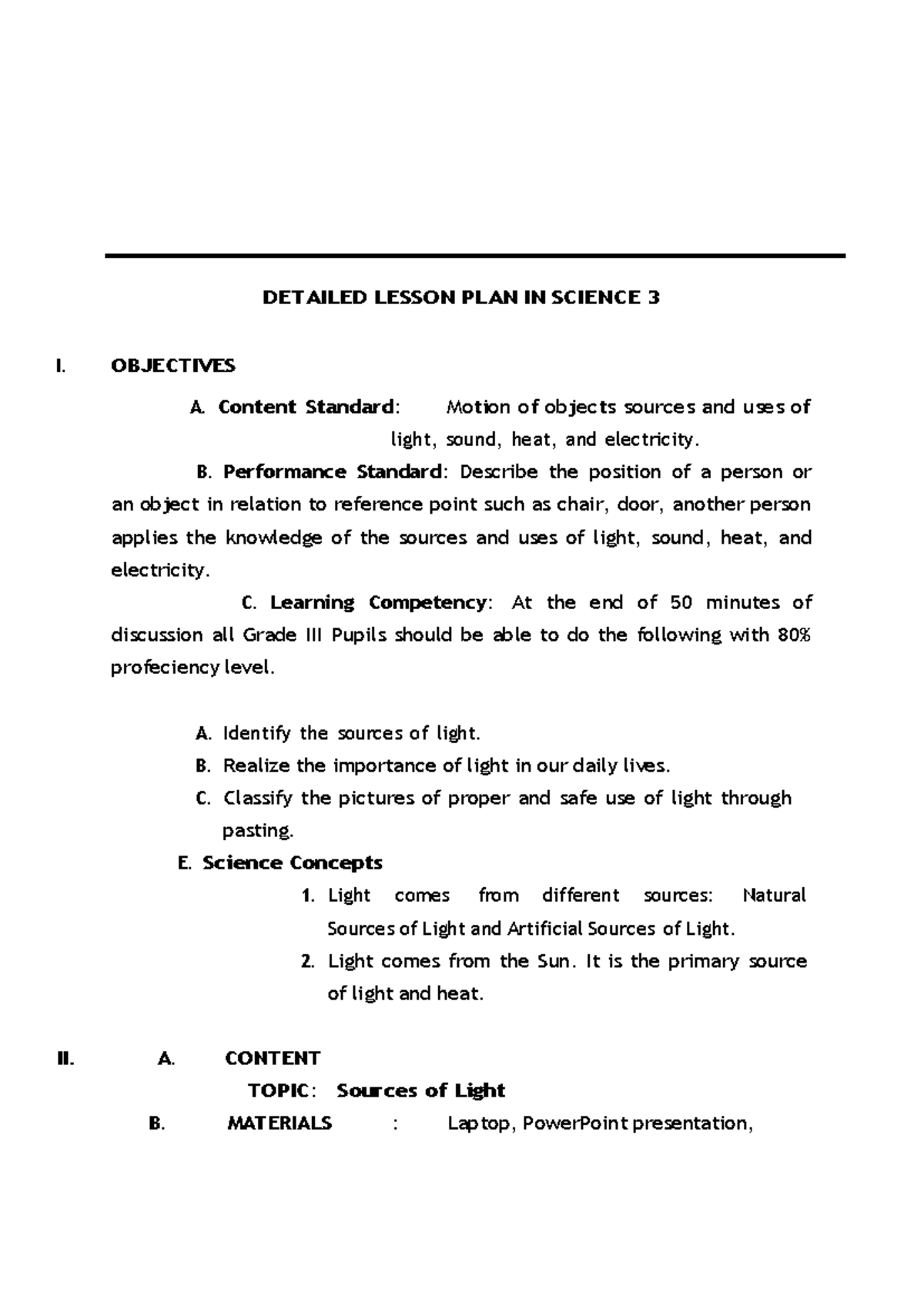 Detailed Lesson Plan for Science 3: Sources of Light - Studocu