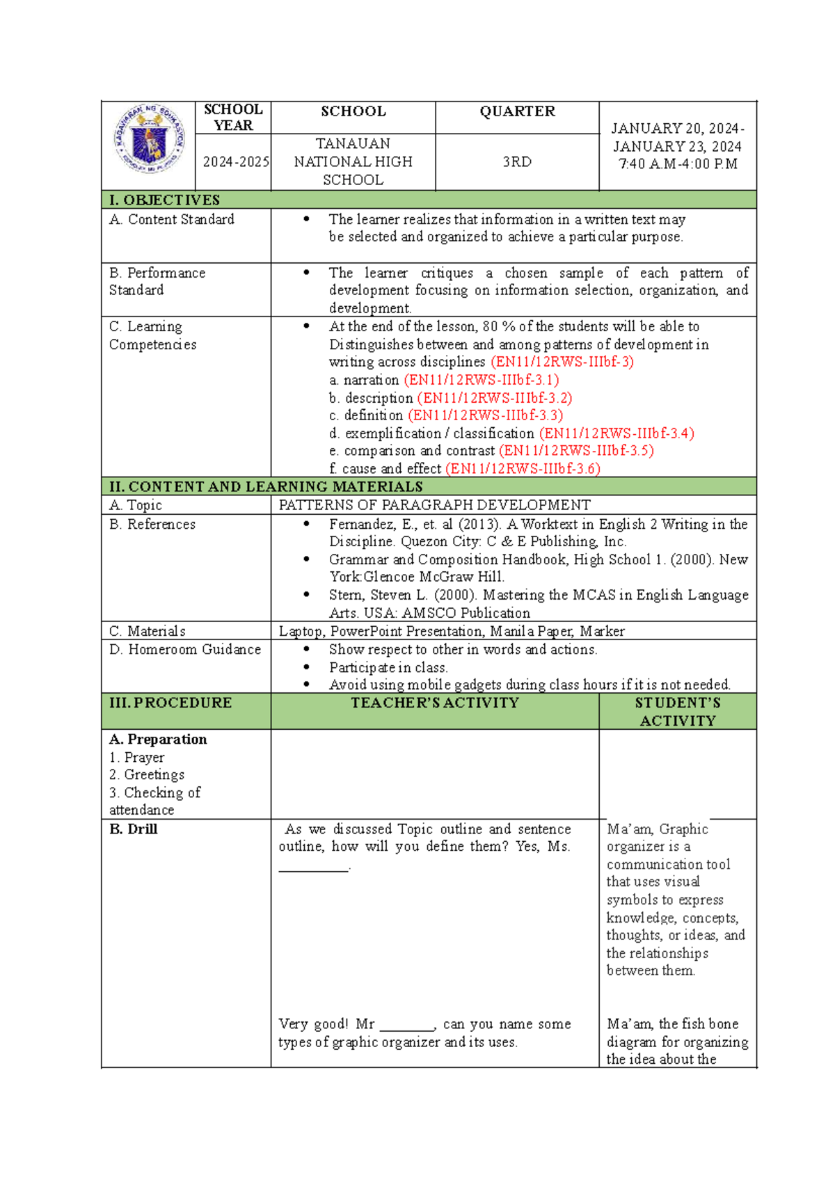 DLP- Patterns of Paragraph Development for SHS Lesson Plan - Studocu