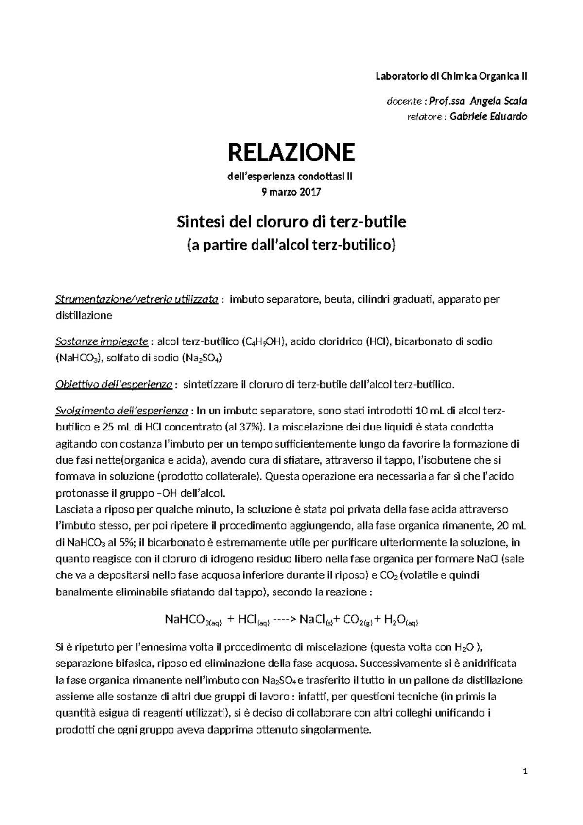 Sintesi del Cloruro di Terz-Butile in Chimica Organica II - Relazione ...