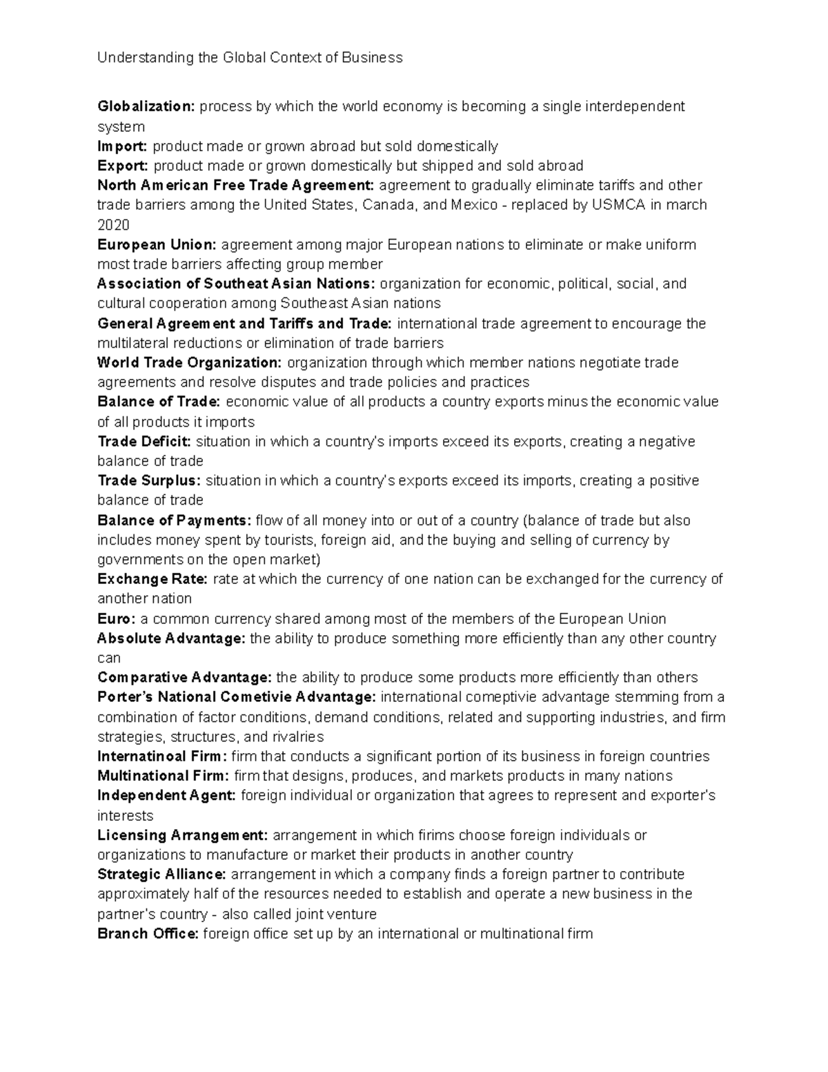 BUAD1010 Ch. 4 - Key Vocab for Global Business Concepts - Studocu