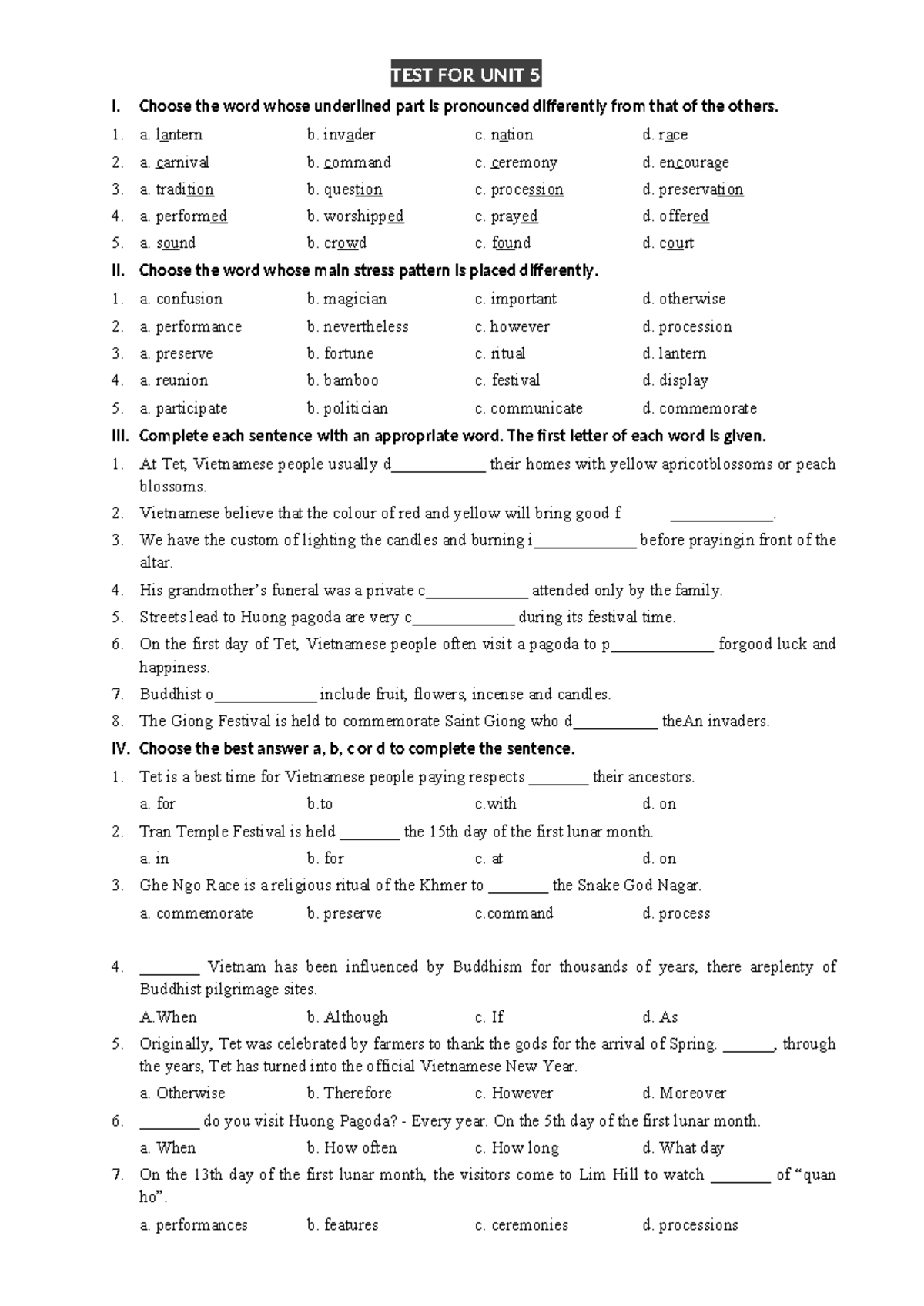 TEST FOR UNIT 5: PHONETICS, GRAMMAR, AND FESTIVAL VOCABULARY - Studocu