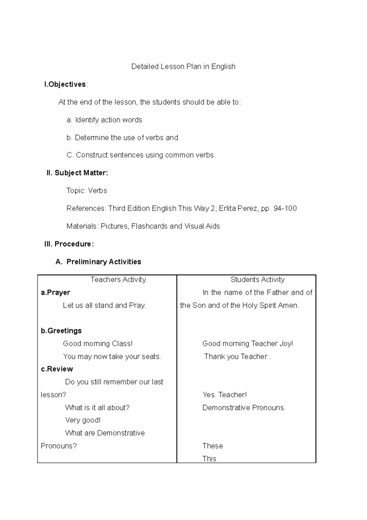 Detailed Lesson Plan: Understanding Verbs and Action Words - Studocu