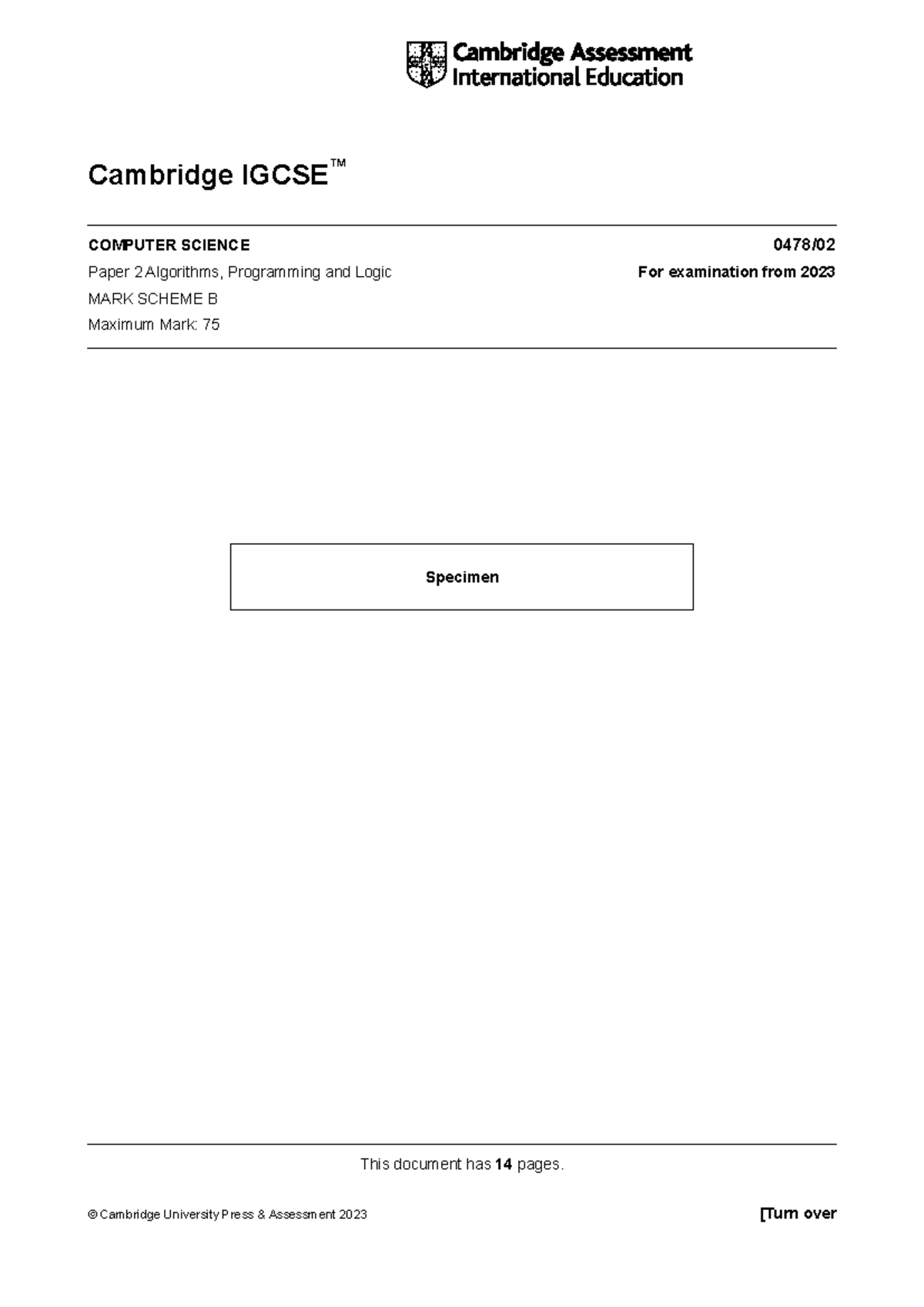 IGCSE CS 0478 Specimen Paper 2B Mark Scheme 2023 - Studocu