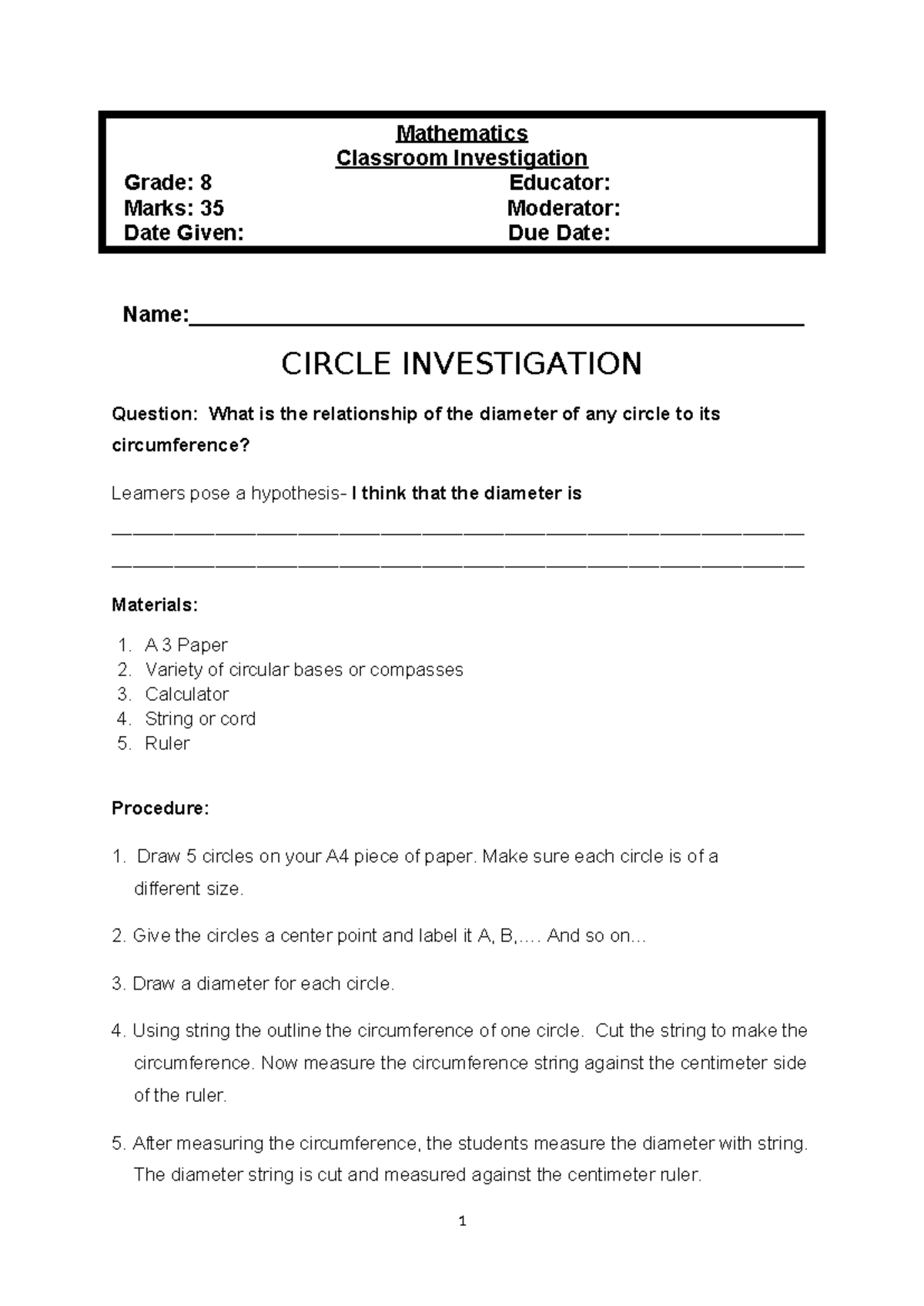 Gr 8 Math: Circle Investigation - Relationship of Diameter ...