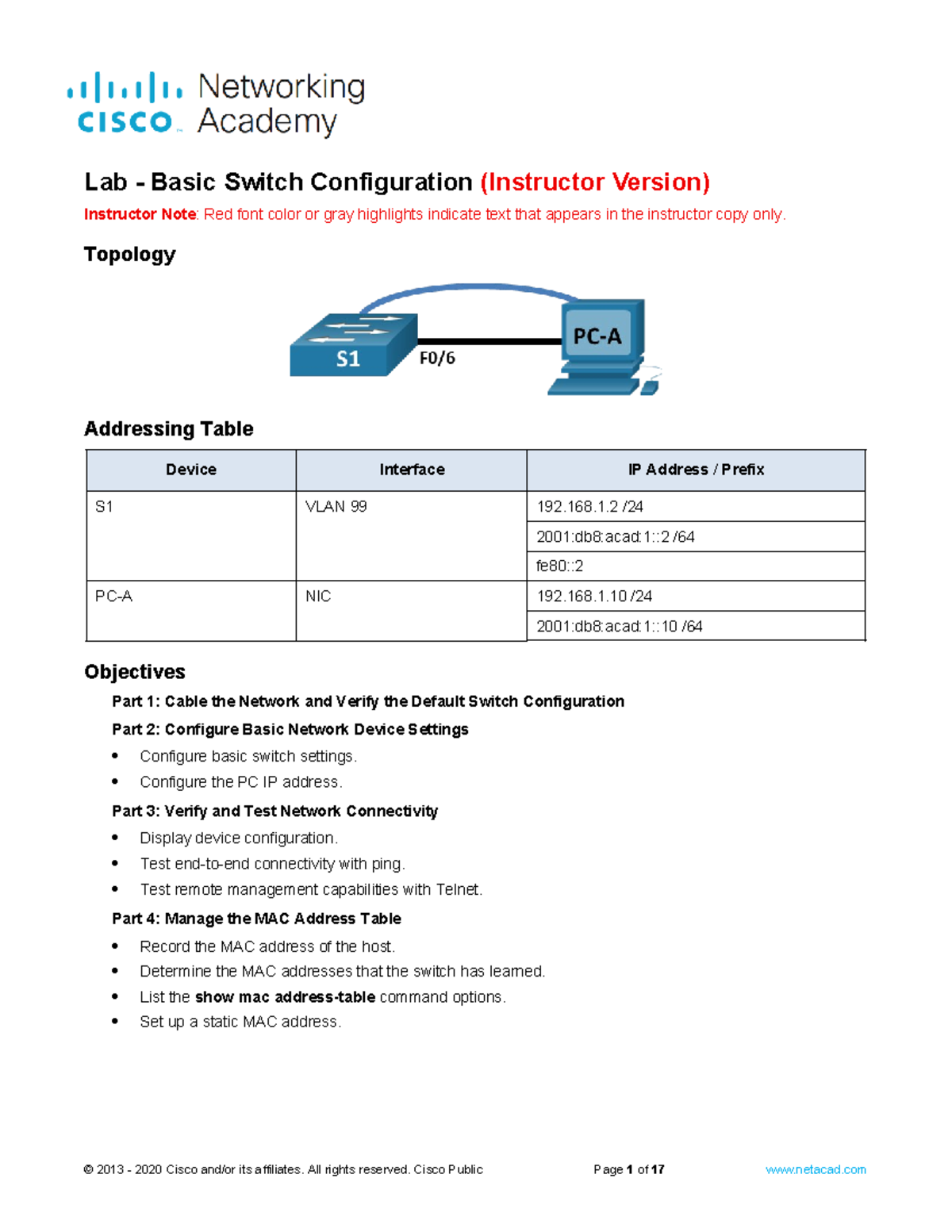 1.1.7 Lab - Basic Switch Configuration - ILM - Lab - Basic Switch Configuration (Instructor ...