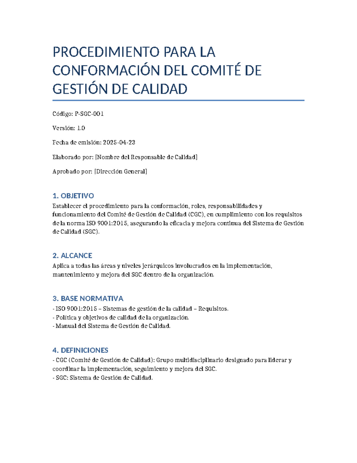 Procedimiento para la Conformación del Comité de Gestión de Calidad P ...