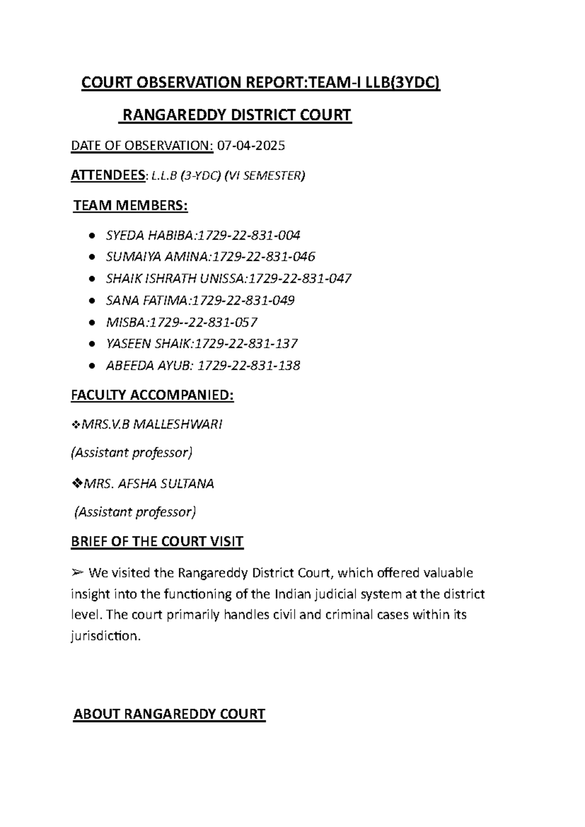 COURT OBSERVATION REPORT LLB(3YDC) RANGAREDDY DISTRICT COURT VISIT ...