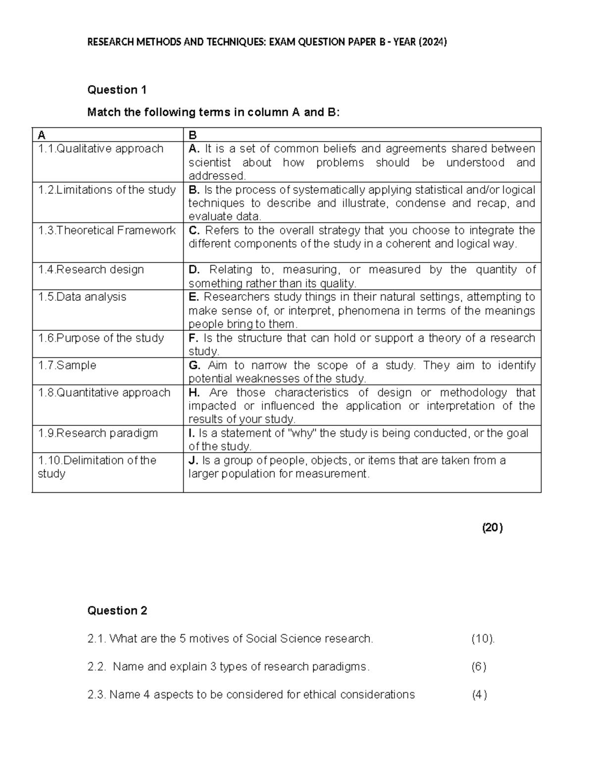 RSF108S: Research Methods & Techniques Exam Paper C (2024) - Studocu
