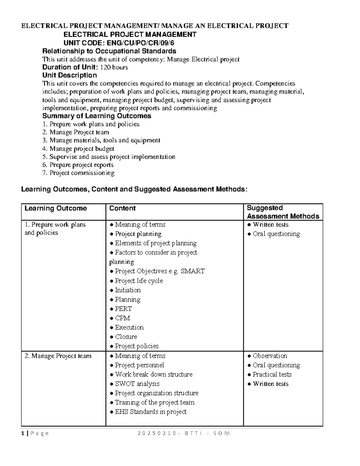 ENG/CU/PO/CR/09 - Electrical Project Management Lecture Notes - Studocu
