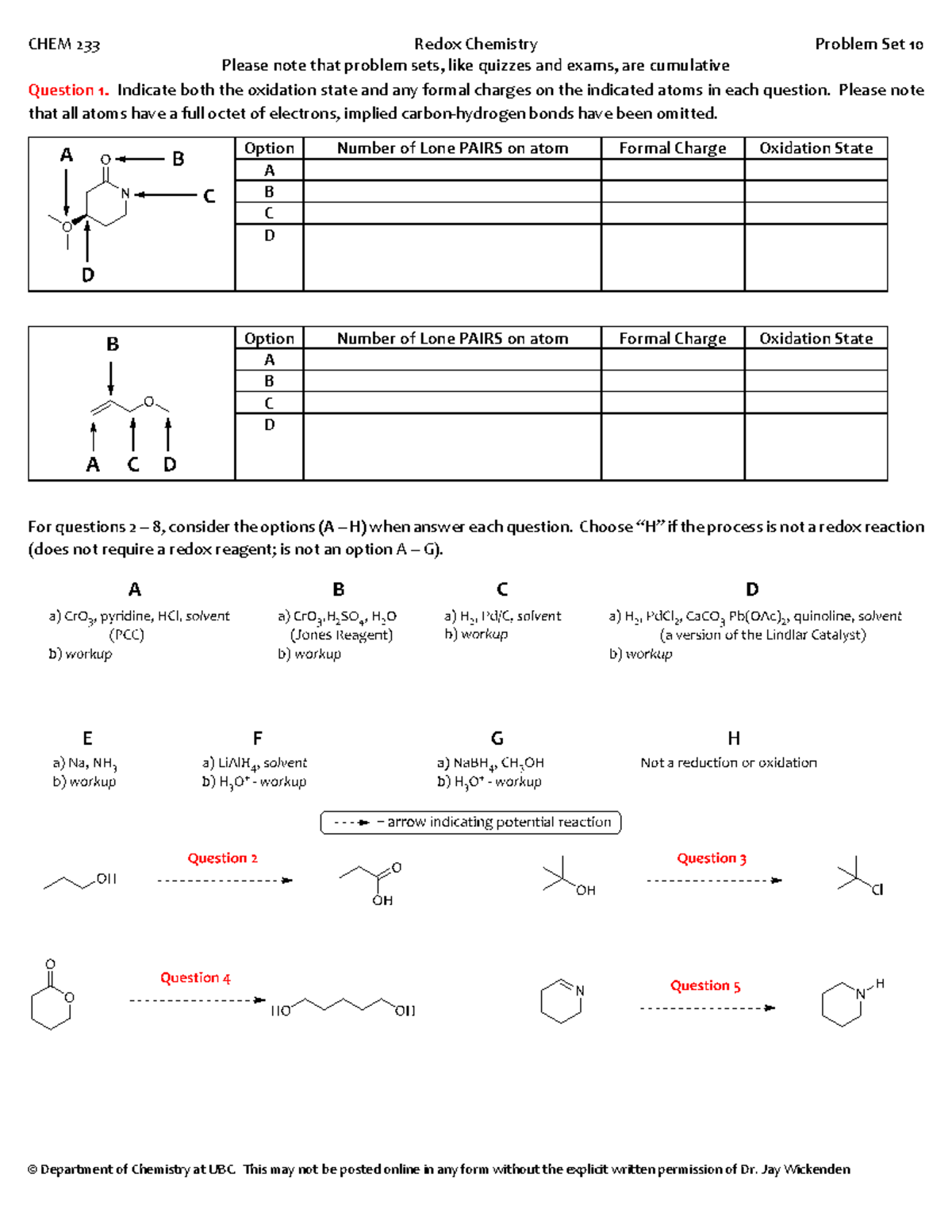 CHEM 233 Redox Chemistry Problem Set 10 - Practice Questions - Studocu