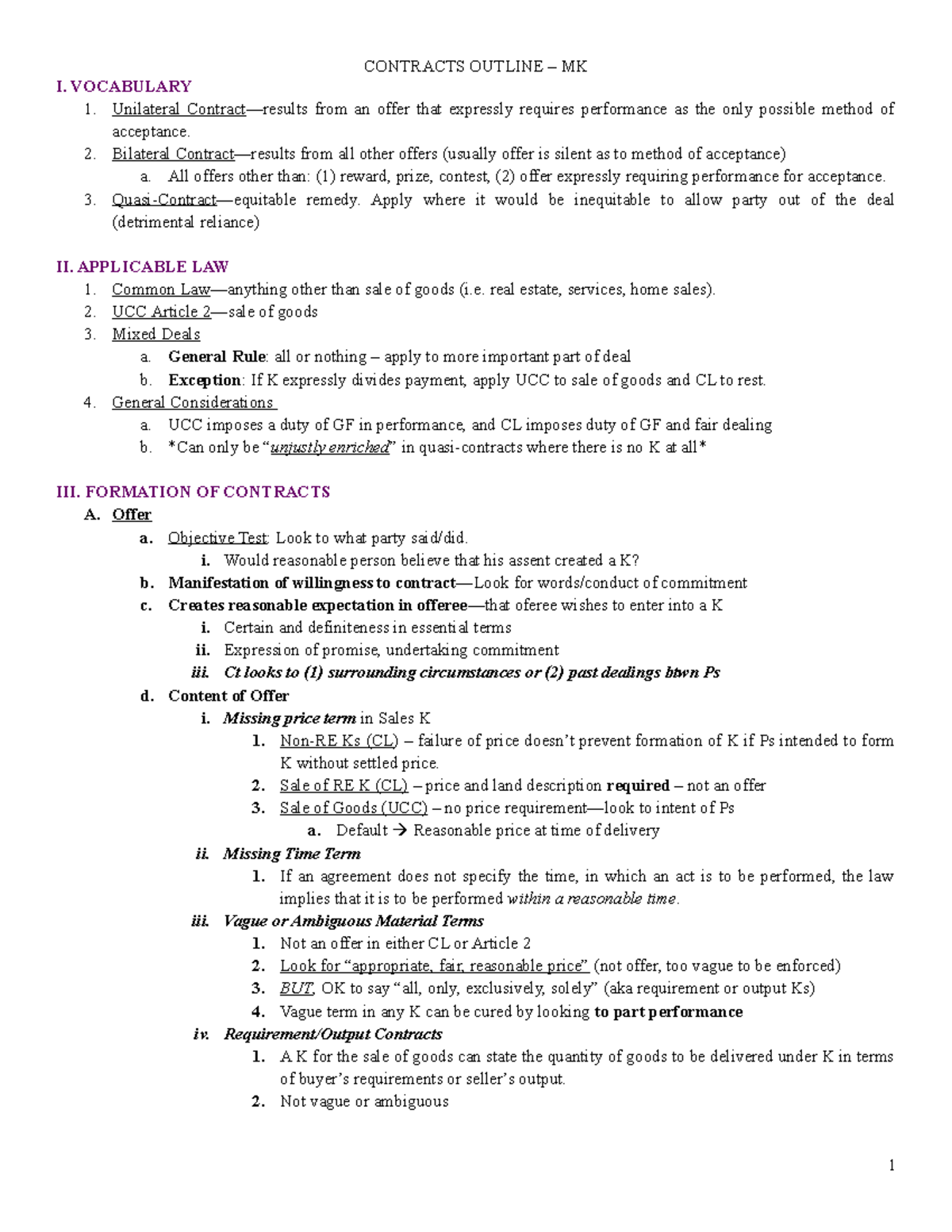 Contracts Law Outline: Key Concepts and Legal Principles - Studocu