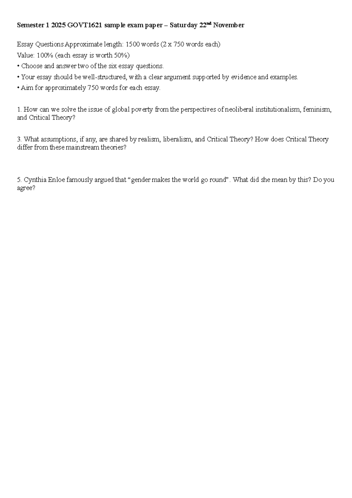 GOVT1621 Semester 1 2025 Sample Exam Paper: Essay Questions Analysis ...