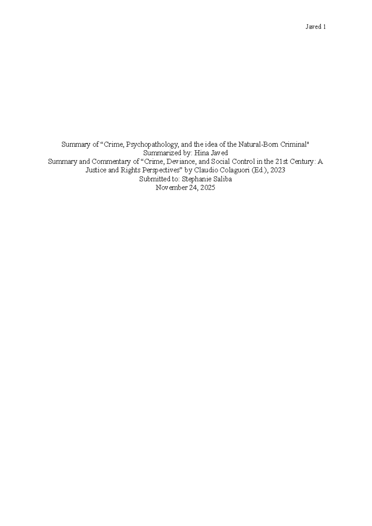 Chapter 7 Summary: Psychopathology, Crime, and Social Control (CRIM 101 ...