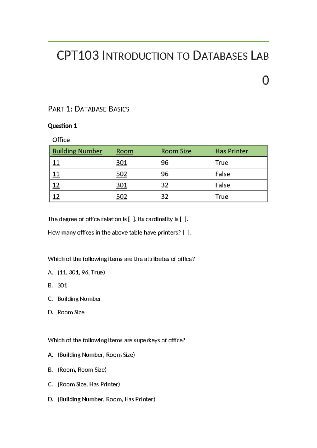 CPT103 DATABASE LAB 0: DATABASE BASICS & TABLE CREATION QUESTIONS - Studocu