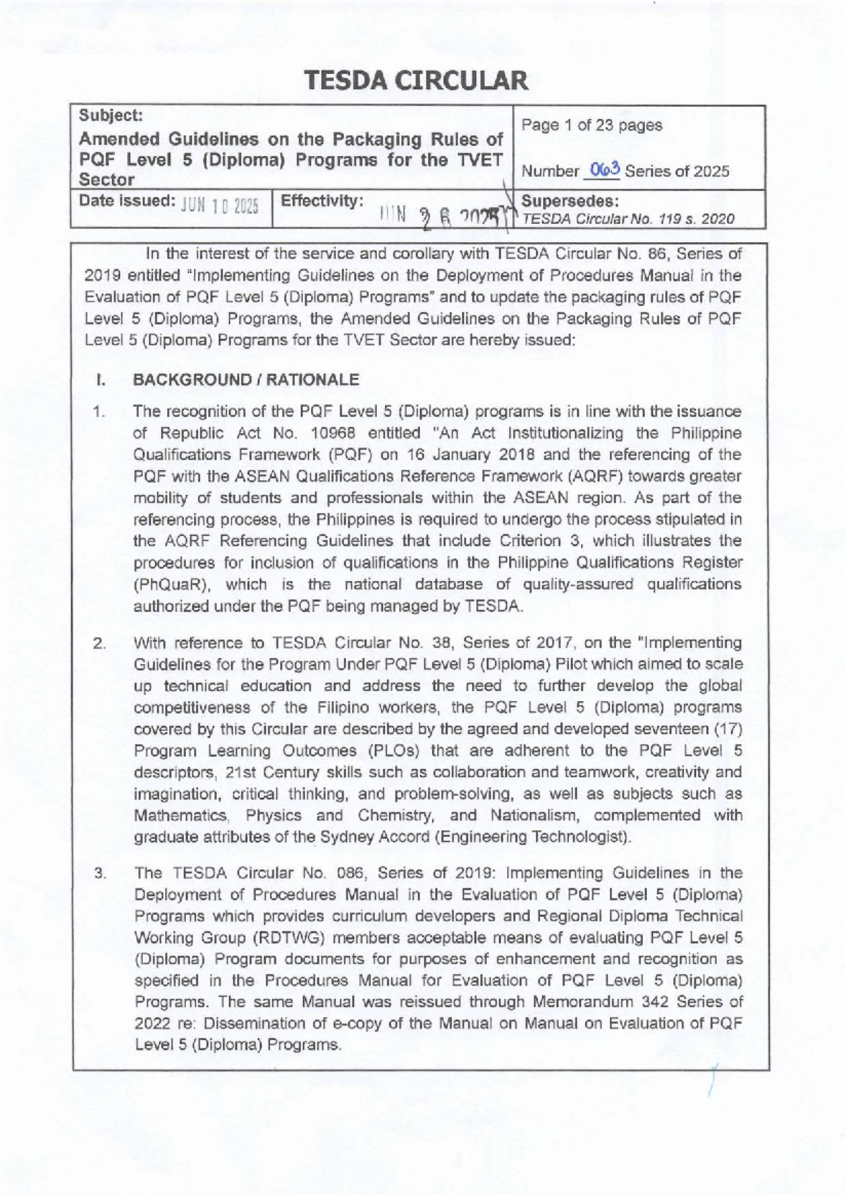 Amended Guidelines on Packaging Rules for PQF Level 5 Diploma Programs - Studocu