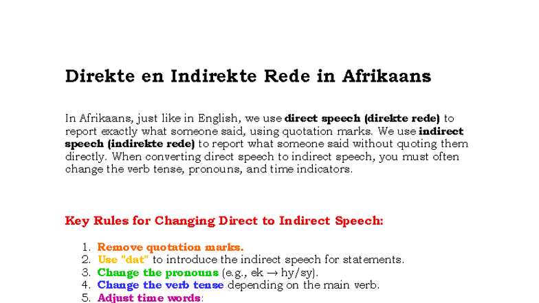 Direkte en Indirekte Rede: Belangrike Reëls en Voorbeelde - Studocu