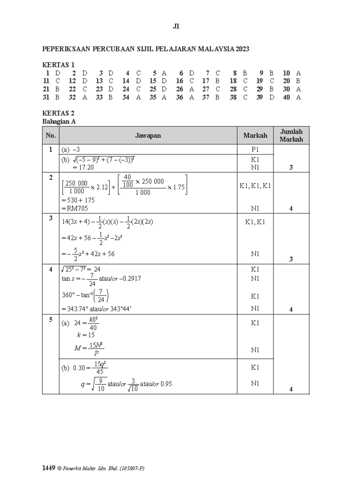 Skema Pemarkahan Kertas Percubaan SPM SBP Matematik 2023 - Studocu