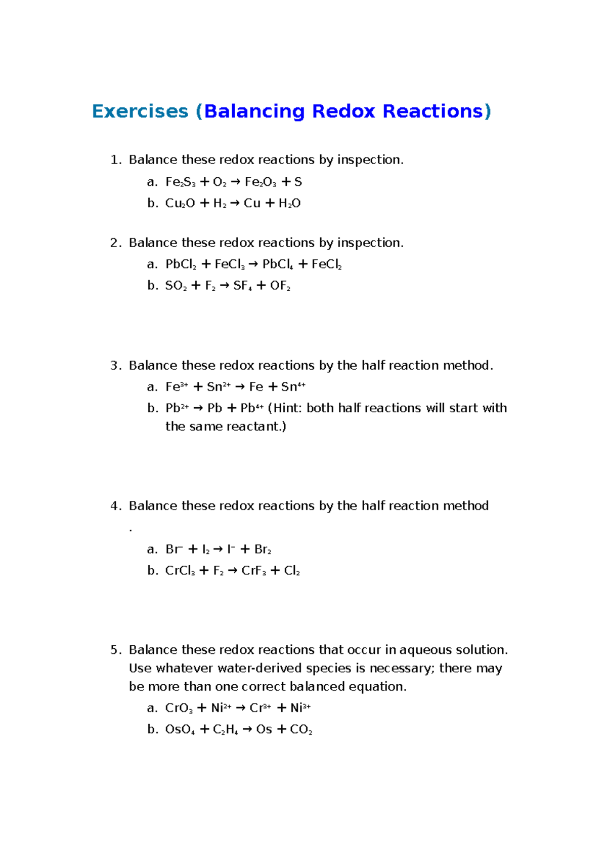 Redox Reaction Balancing Exercises 3: Practice Problems and Solutions ...
