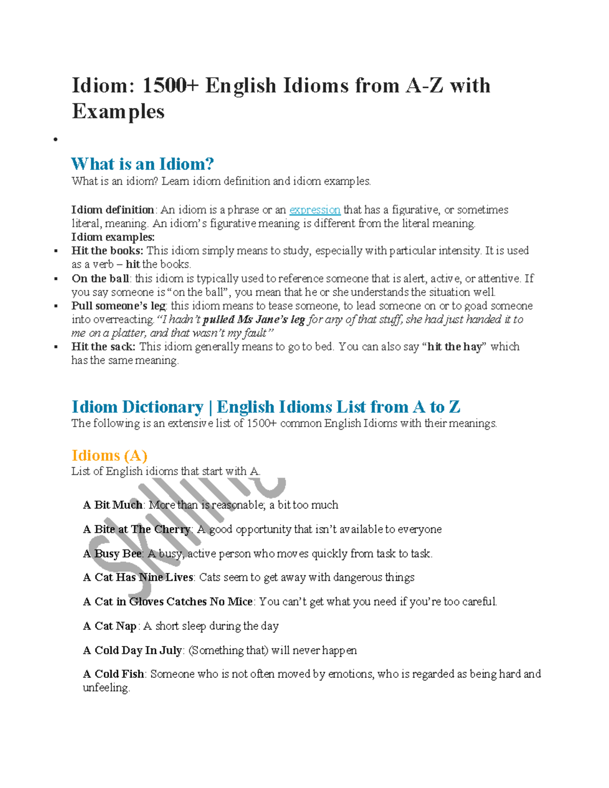 1500+ English Idioms from A-Z with Examples-1 - Idiom: 1500+ English ...