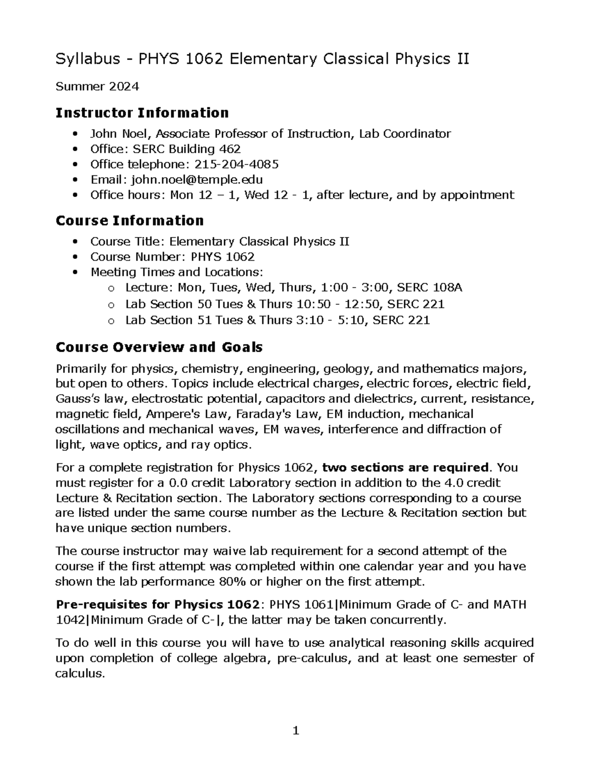 Syllabus for PHYS 1062: Elementary Classical Physics II - Summer 2024 - Studocu