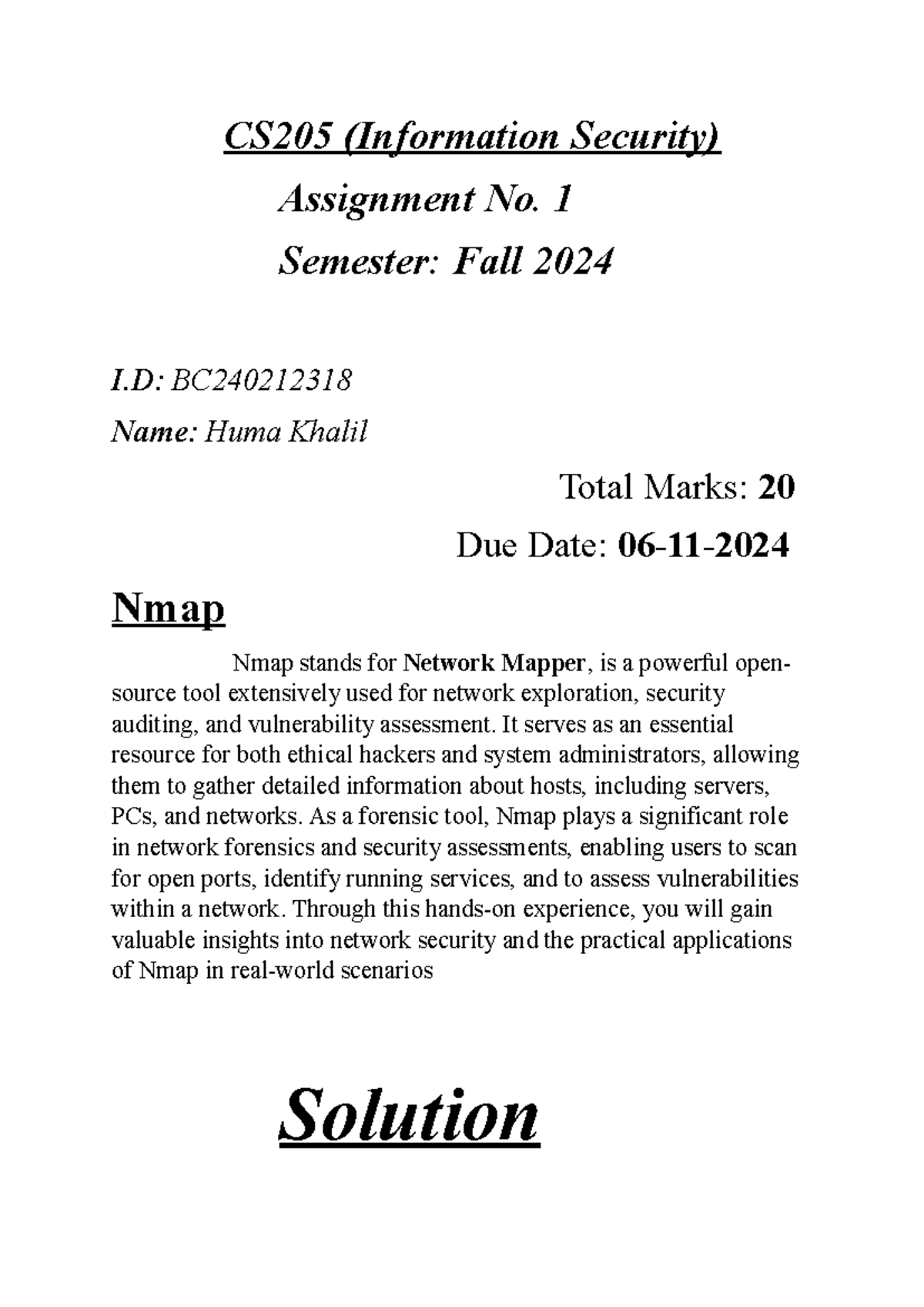 CS205 Information Security Assignment 1: Exploring Nmap Tool - Studocu