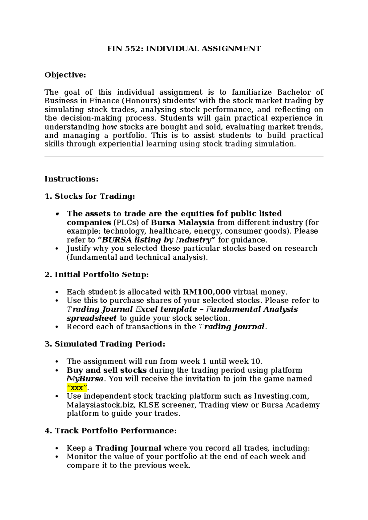 FIN 552: Individual Assignment - Stock Trading Simulation Guide - Studocu