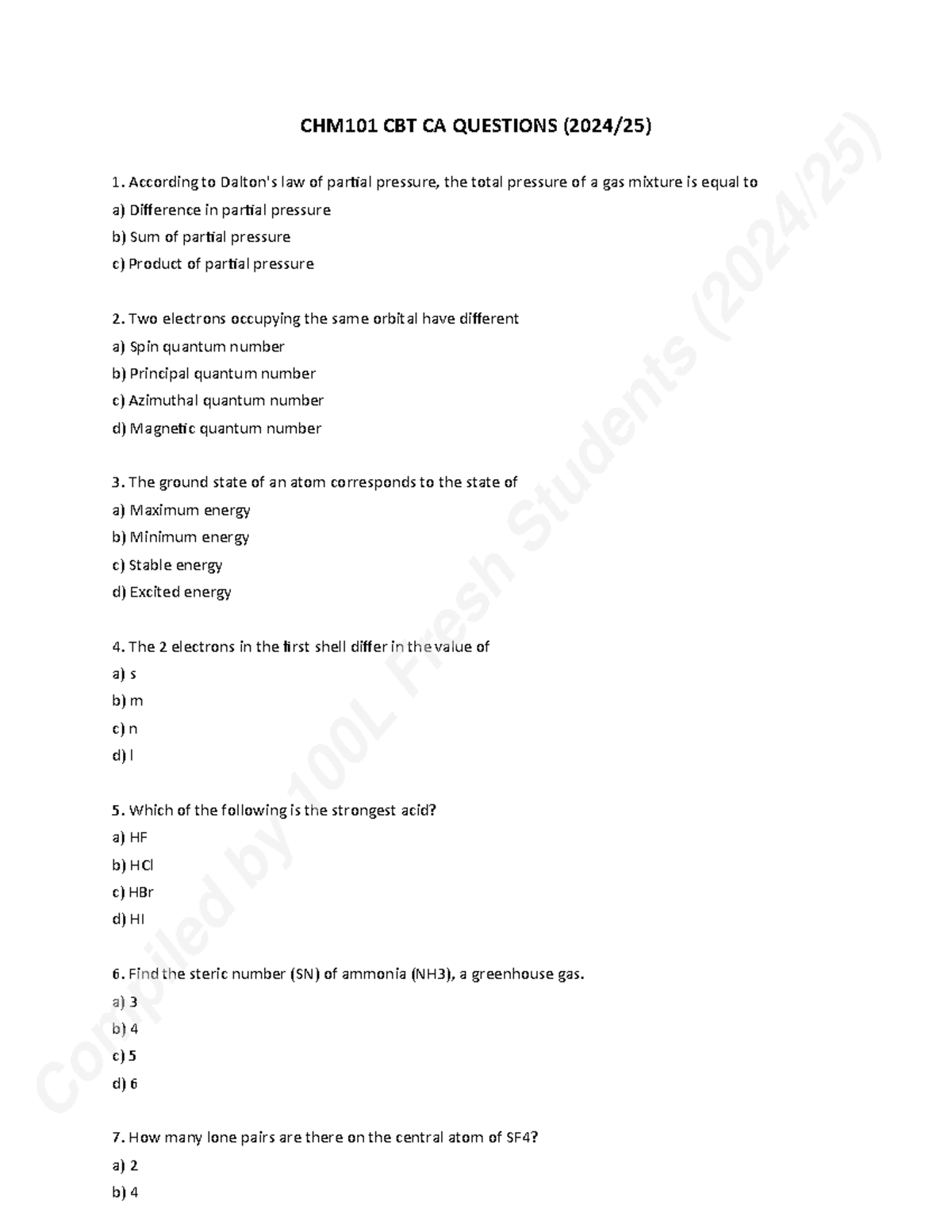 CHM101 CA Compiled Questions on Gas Laws and Molecular Geometry - Studocu