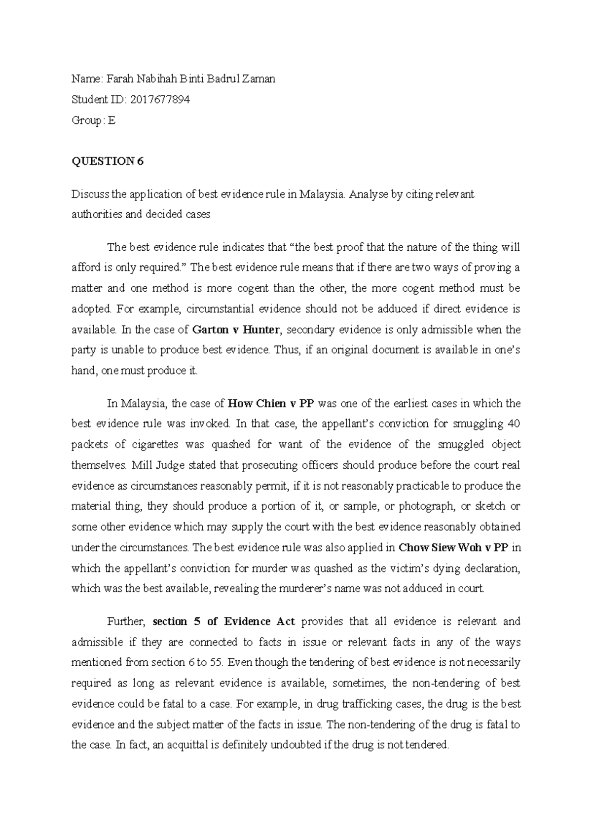 LAW529 Tutorial Questions on Best Evidence Rule in Malaysia - Studocu