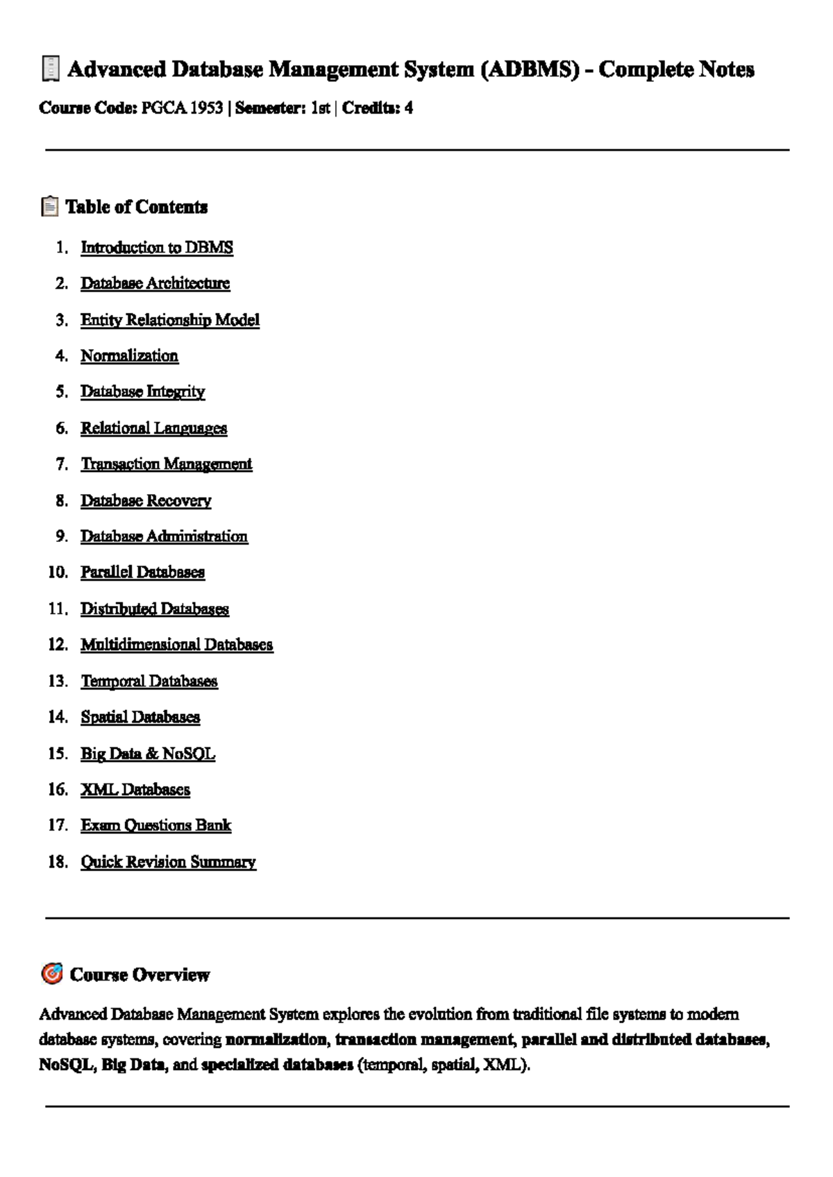 Advanced Database Management System (ADBMS) Complete Notes - PGCA 1953 ...