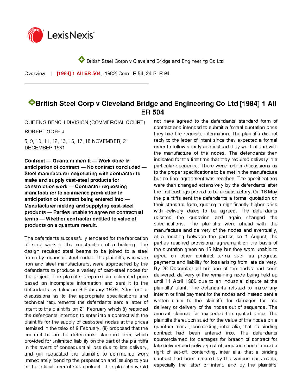 British Steel Corp v Cleveland Bridge: Quantum Meruit Case [1984] - Studocu